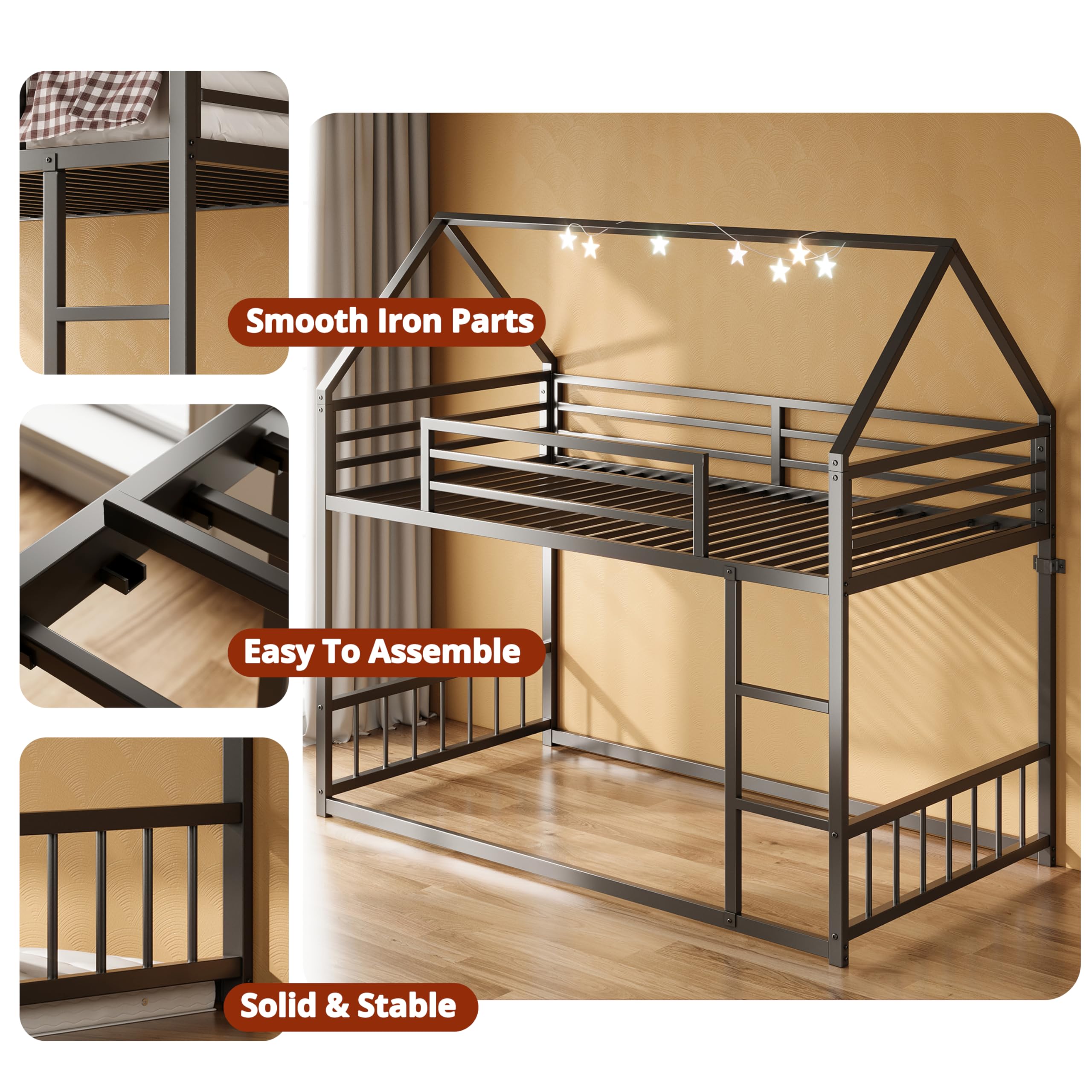 LIKIMIO Bunk Bed Twin Over Twin, House Bunk Bed Frame with Ladder and Guardrail, House Shaped with Metal Slats for Dormitory and Bedroom, Space Saving, No Box Spring Needed, Black