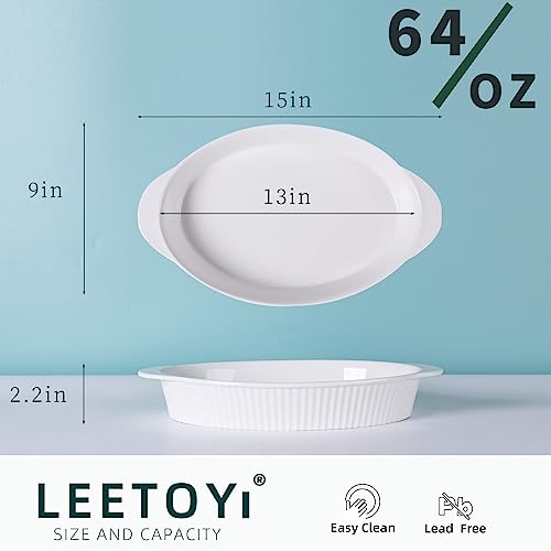LEETOYI Porcelain 9x13 Large Oval Au Gratin Pans,Baking Dish for Servings, Bakeware with Double Handle for Kitchen and Home (White)