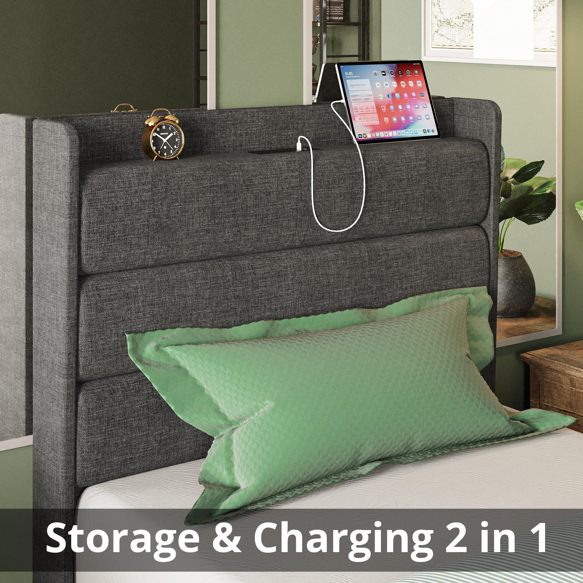 LIKIMIO Twin XL Bed Frames, Storage Headboard with Outlets, Sturdy and Stable, No Noise, No Box Springs Needed, Dark Gray