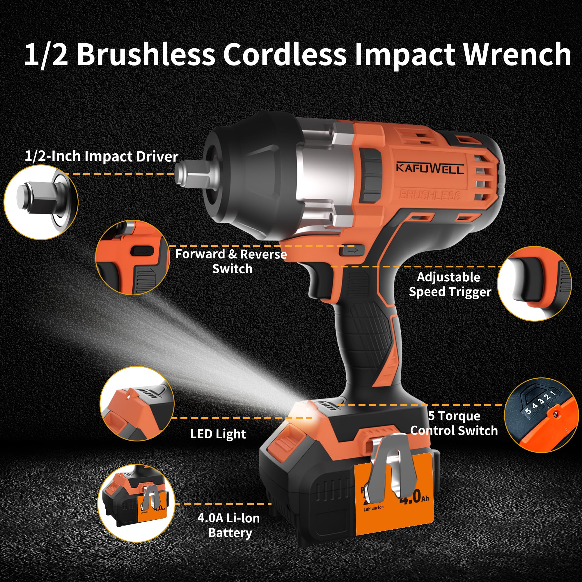 KAFUWELL 20V High Torque Impact Wrench, Max 738 ft-lbs (1000N.m), 5 Torque Control, with 4.0Amp Battery and Fast Charger, 1/2 Impact Gun with Brushless Motor