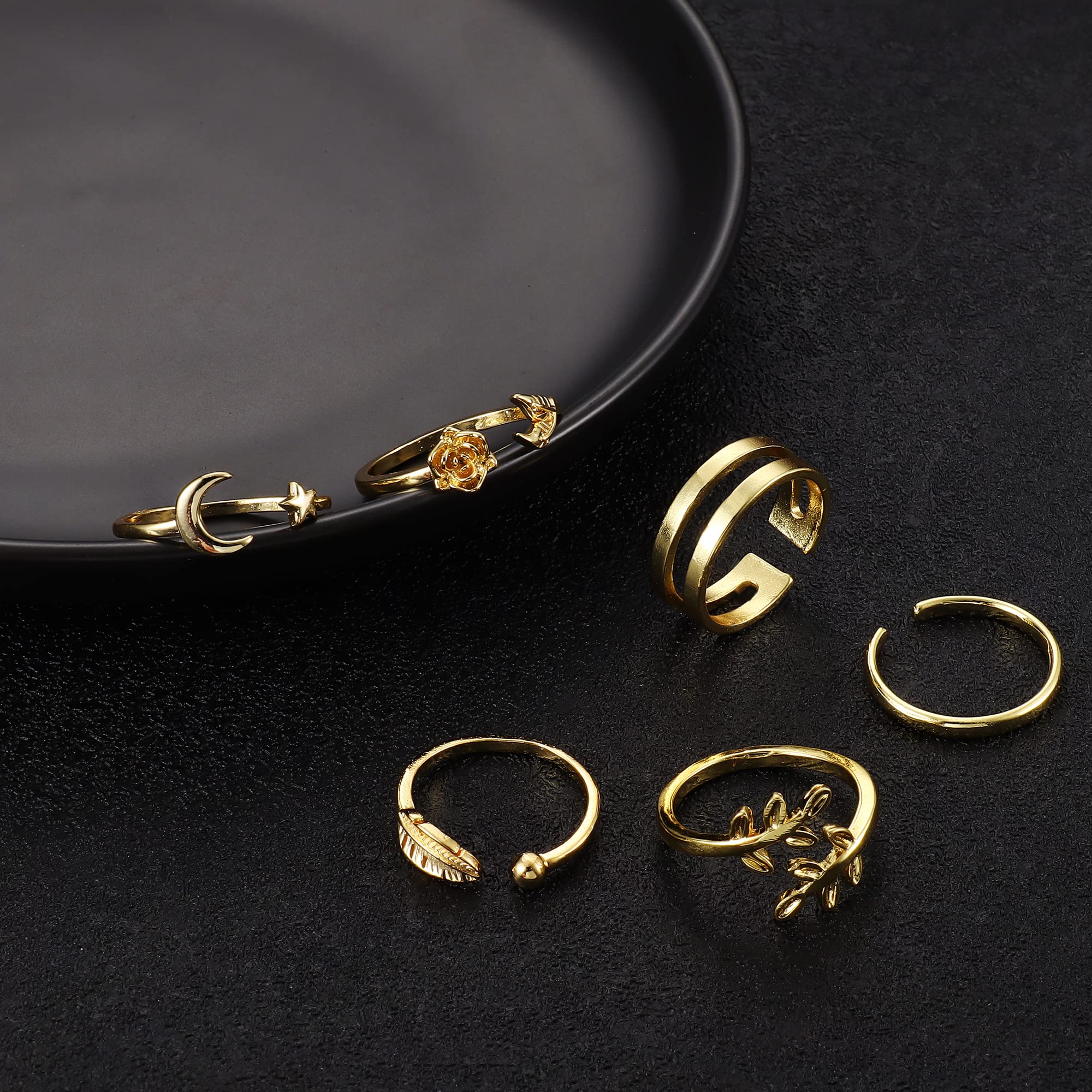 DOLOTTA 12 Pcs Open Knuckle Rings Set for Women Arrow Knuckle Rings Rose Moon Star Stackable Rings Thumb Adjustable Rings Set