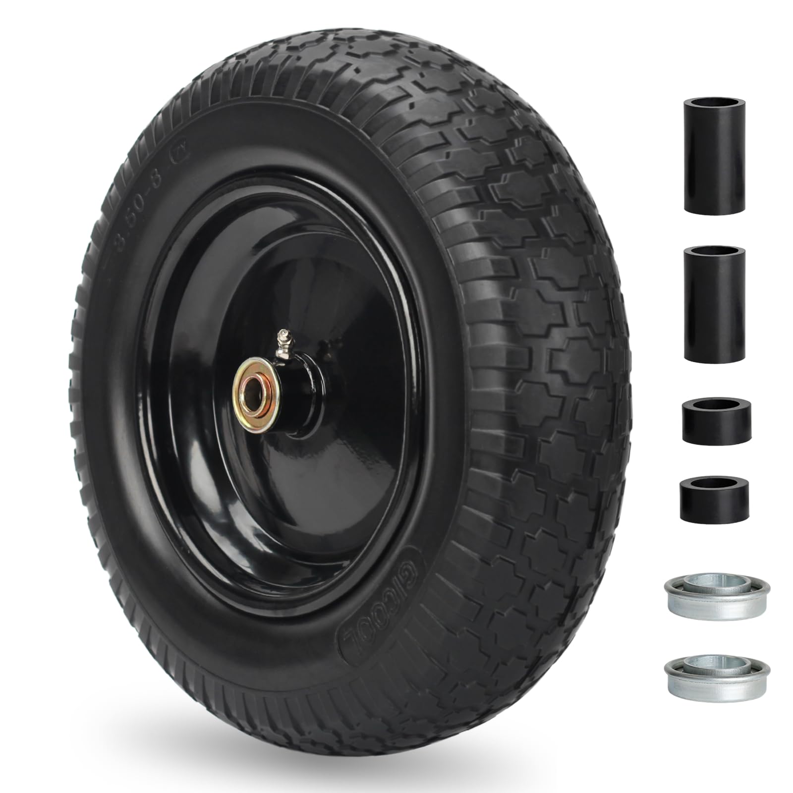 GICOOL 14.5" Wheelbarrow Tire, 3.50-8" Flat-free Solid Tire and Wheel with 5/8" Axle Bore Hole, 3-6" Centered Hub for Wheelbarrow Trolley Dolly Lawn Mover Go Kart Replacement