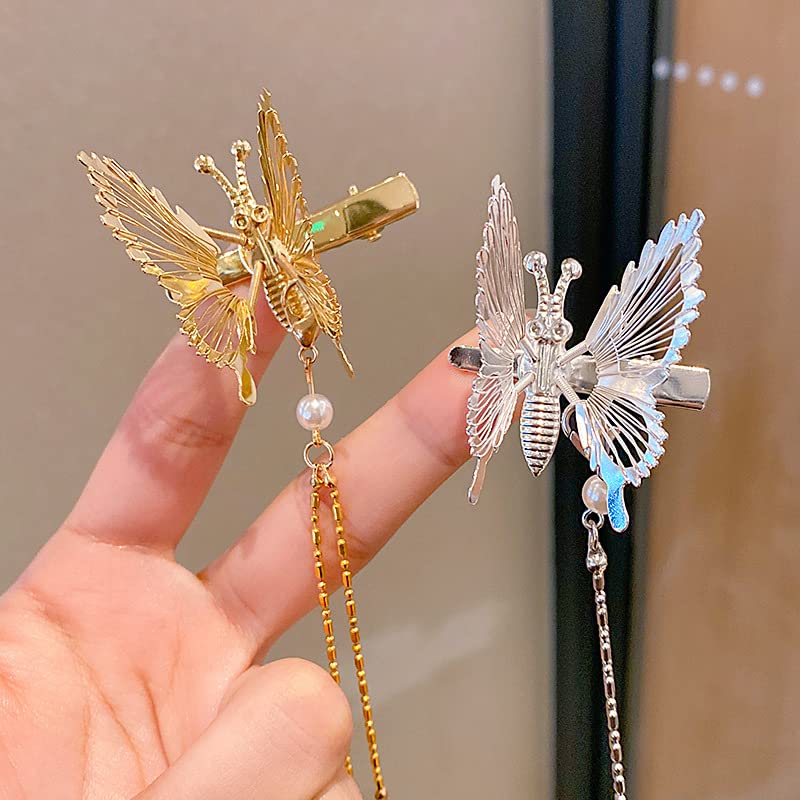 Flymind 6Pcs Moving Butterfly Tassel Hair Clips, Elegant Antique Side Hairpins Decorative Accessories for Women Girls (Silver)