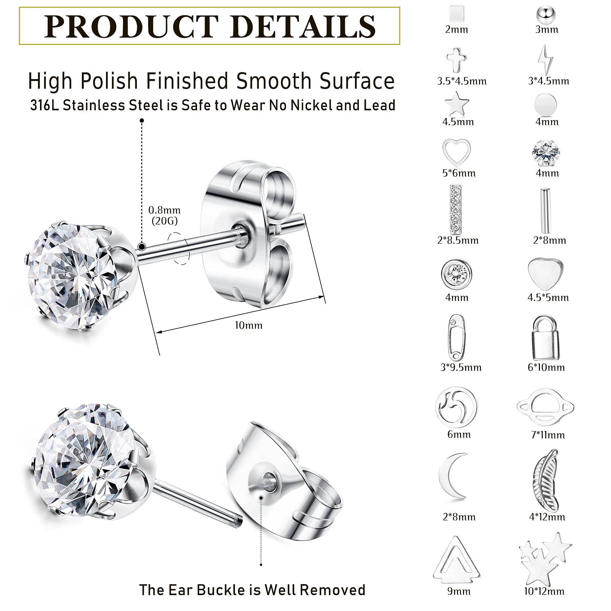 DOLOTTA 20 Pairs Surgical Steel Stud Earrings Set for Women Dainty Earrings Small CZ Heart Moon Star Geometric Stud Earrings Tiny Stud Earrings for Women