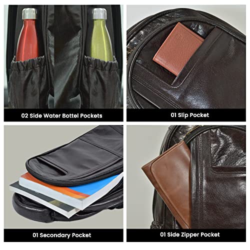 Leather Backpack for Men Women Large Capacity - Genuine Brown Travel 15.6 inch Leather Laptop Bag, Rucksack for Business, College, Casual Daypack