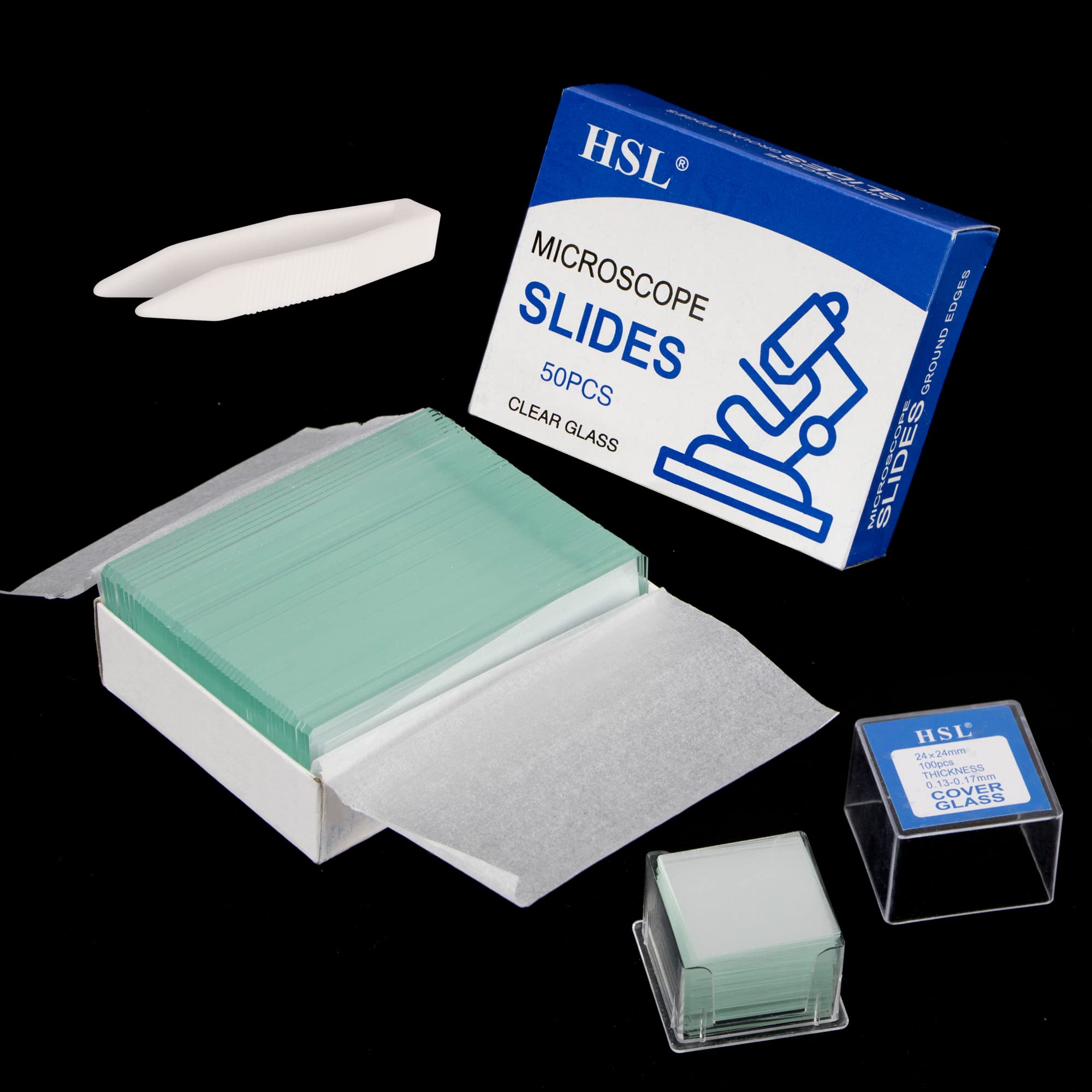 HSL Microscope Glass Slides 50 Pcs Pre-Cleaned Blank Microscope Slides and 100 Pcs 24 * 24mm Square Cover Glass,Ground Edge,Clear Glass