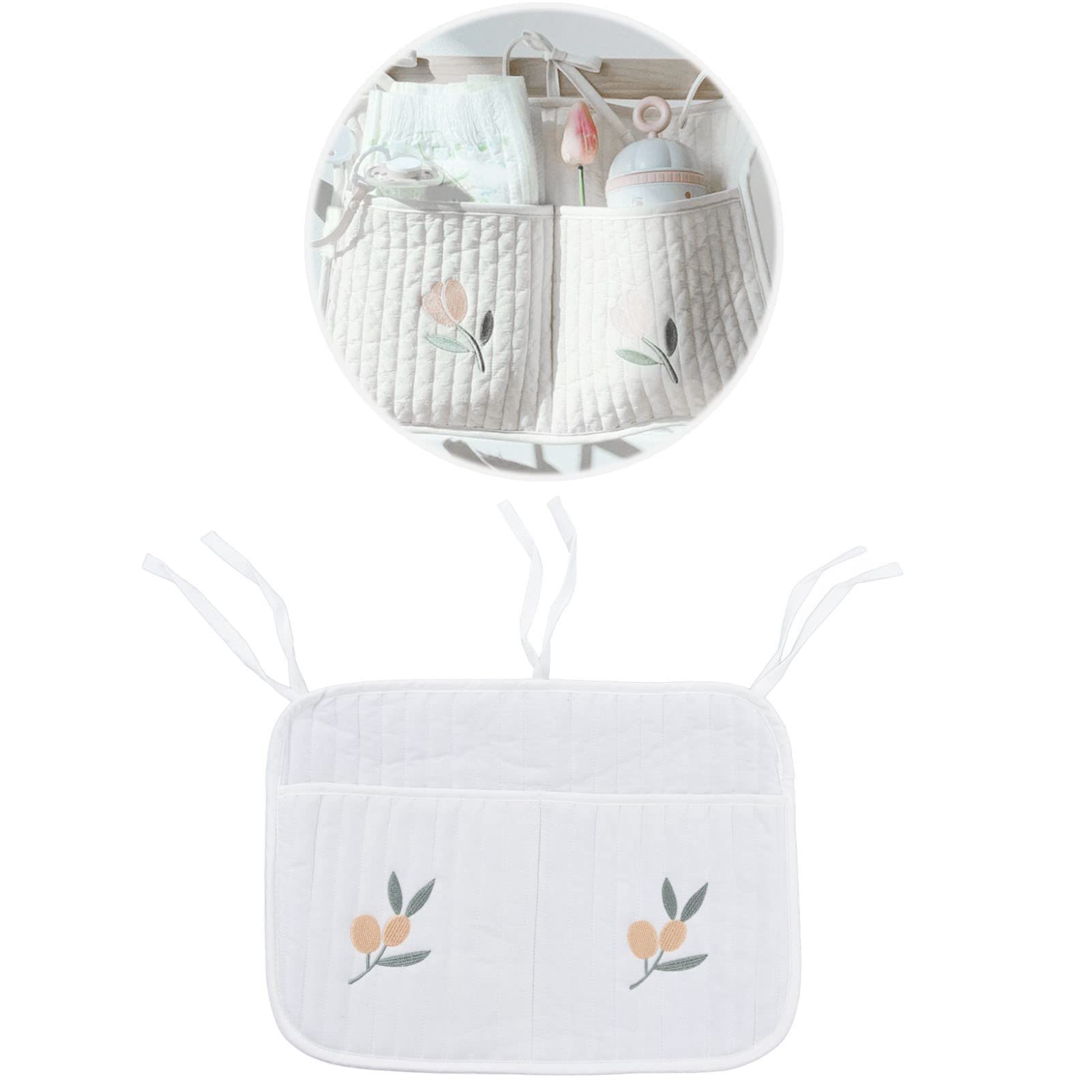 Eujgoov Crib 2 Pockets Organizer, Baby Bedside Hanging Storage Bag Soft Cotton Crib Bedside Organizer Hanging Bed Practical Storage Bag for Strollers Furniture(Olive Tuba)