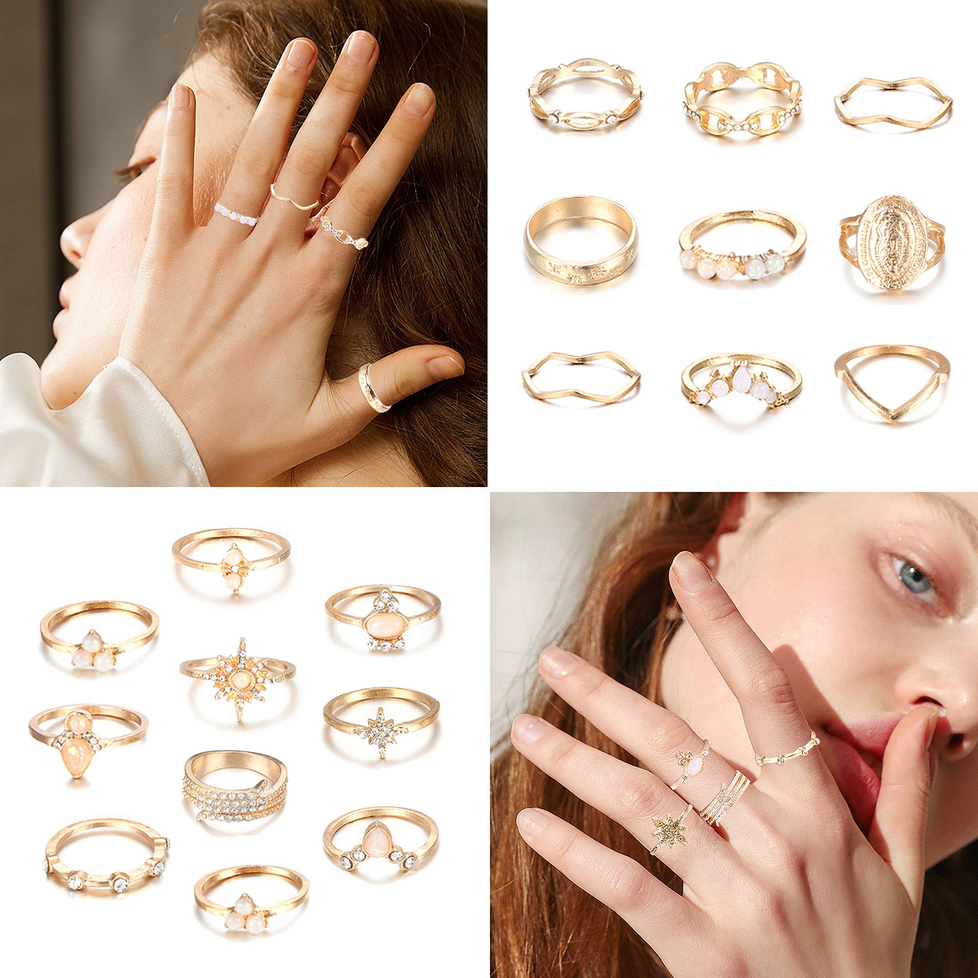 DOLOTTA 95PCS Boho Knuckle Rings for Women Stackable Crystal Joint Rings Set Gold Rings Set Fashion Finger Knuckle Midi Rings for Women