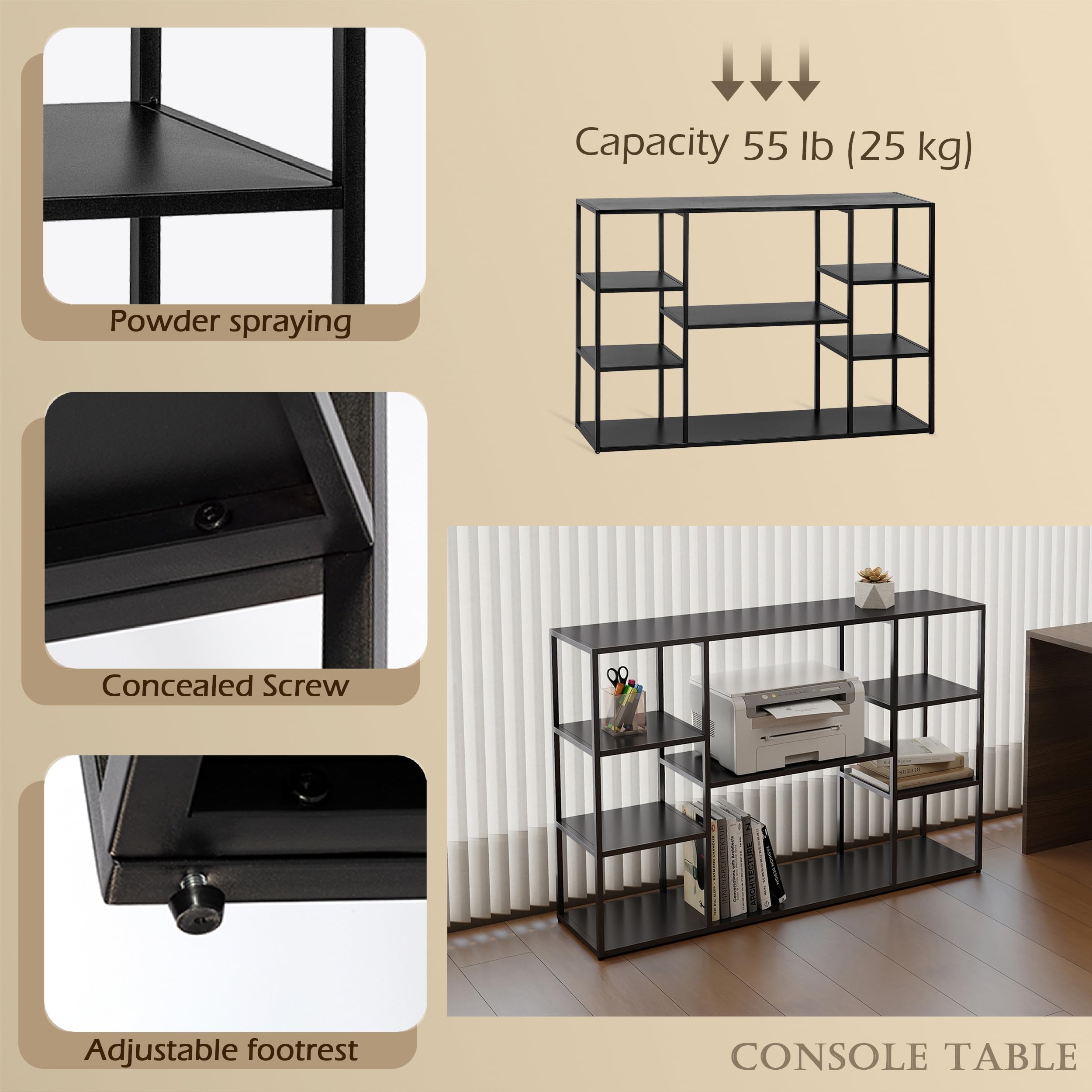 Leinade 47 Inch Metal Console Table with 8 Storage Shelves,Extra Long Entryway Table,Narrow Sofa Table,Hallway Table for Entrances to Corridor,Foyer,Living Room (Black, 47.24×11.81×31.5in)