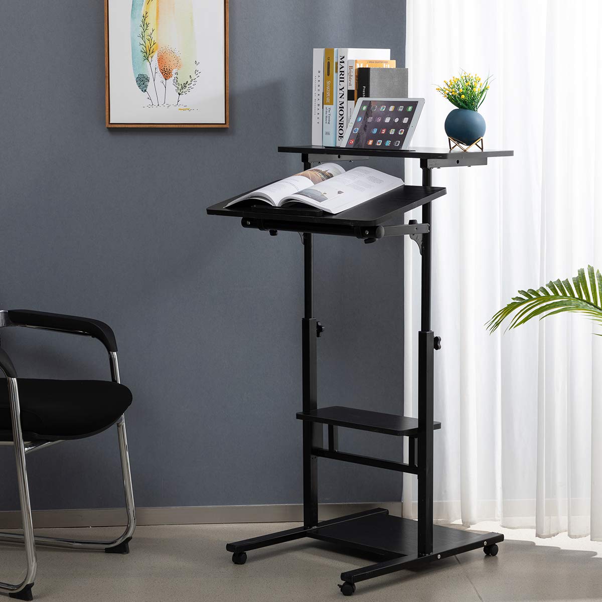 DOEWORKS Mobile Stand Up Desk, Height Adjustable Computer Work Station with Wheels, Rolling Presentation, Rolling Desk Laptop Cart for Standing or Sitting, Portable Laptop Stand Tall Table, Black