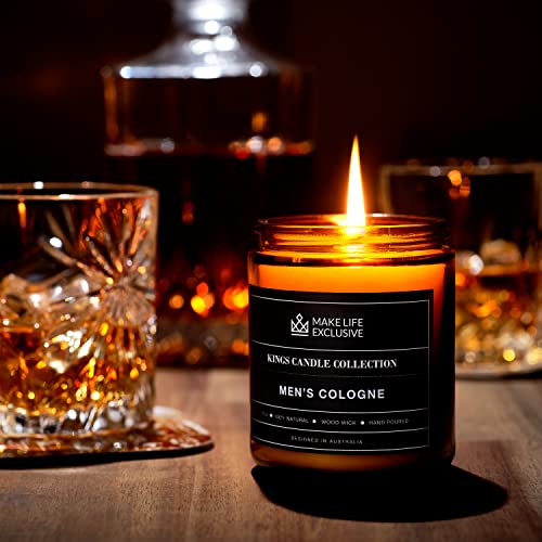 Scented Candles for Men | Men's Cologne, Amber Sandalwood Scent | Wood Wick, Long Lasting, Masculine Scents | Natural Soy Jar Candle for Home, Mancave & Bacehlor Pad | The Perfect Mens Gift