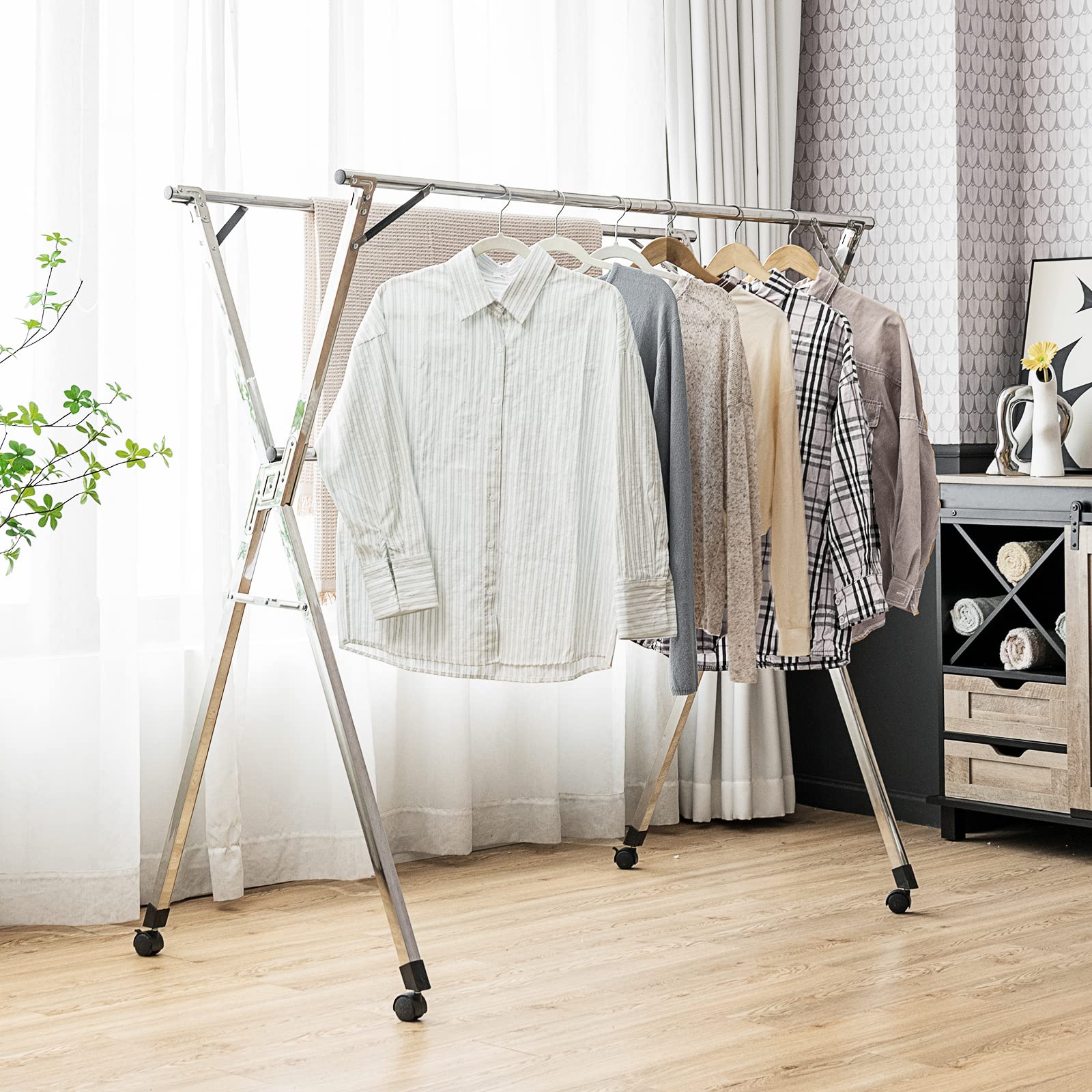 Nightcore Clothes Drying Rack, Stainless Steel Garment Rack with 4 Universal Wheels, Free of Installation, Foldable & Length Adjustable Hanger Rack for Indoor Outdoor