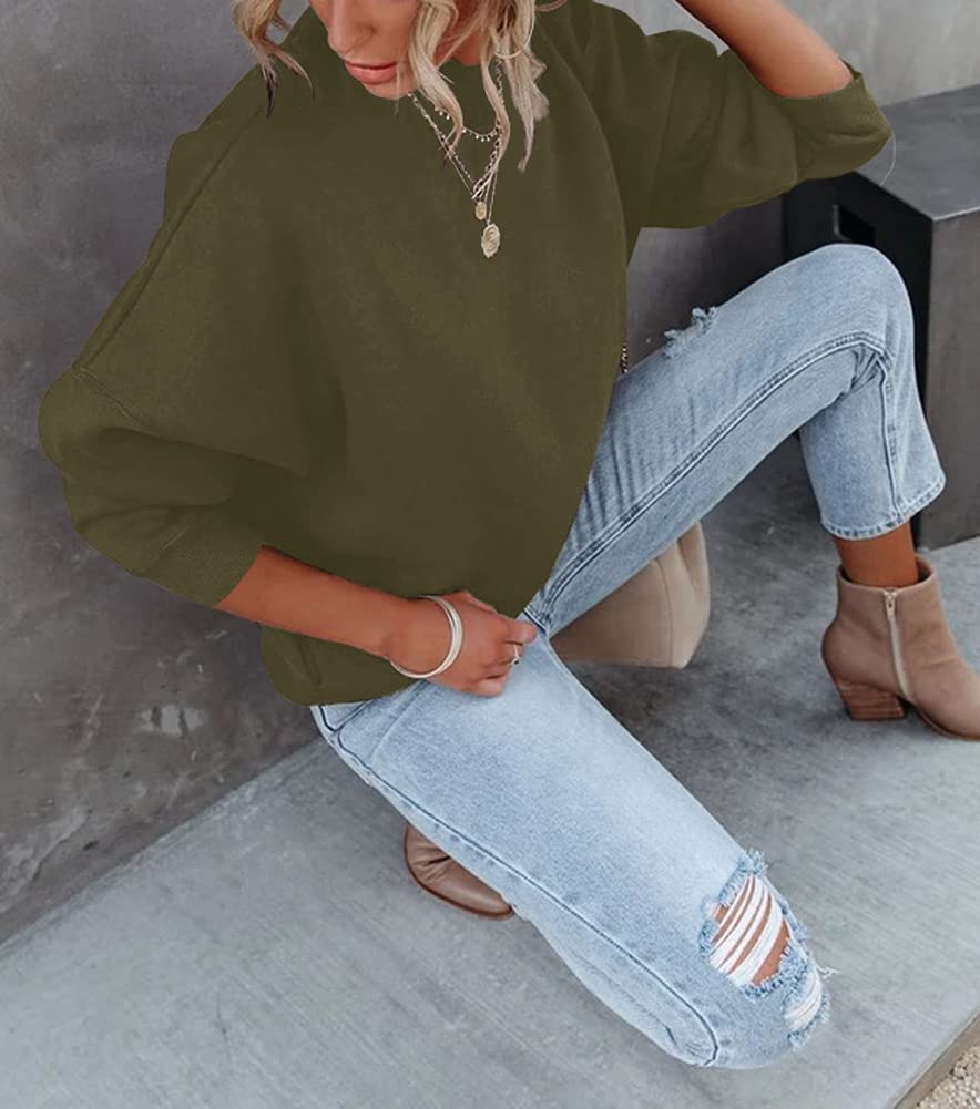 Ezbelle Casual Long Sleeve Crewneck Sweatshirt For Women Lightweight Sweater Pullover Cute Tunic Tops Pockets Army Green Medium