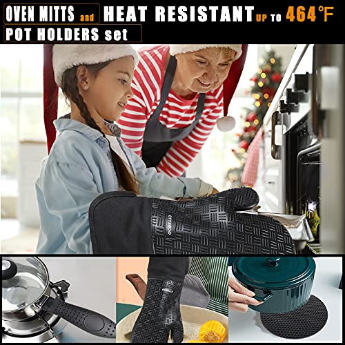 GOBETTO 6-Piece Silicone Oven Mitts and Pot Holders Sets, 15-inch Extra Long Heat Resistant Oven Gloves with Cast Iron Handle Cover Holders and Hot Pads for Kitchen Cooking Baking Grilling (Black)