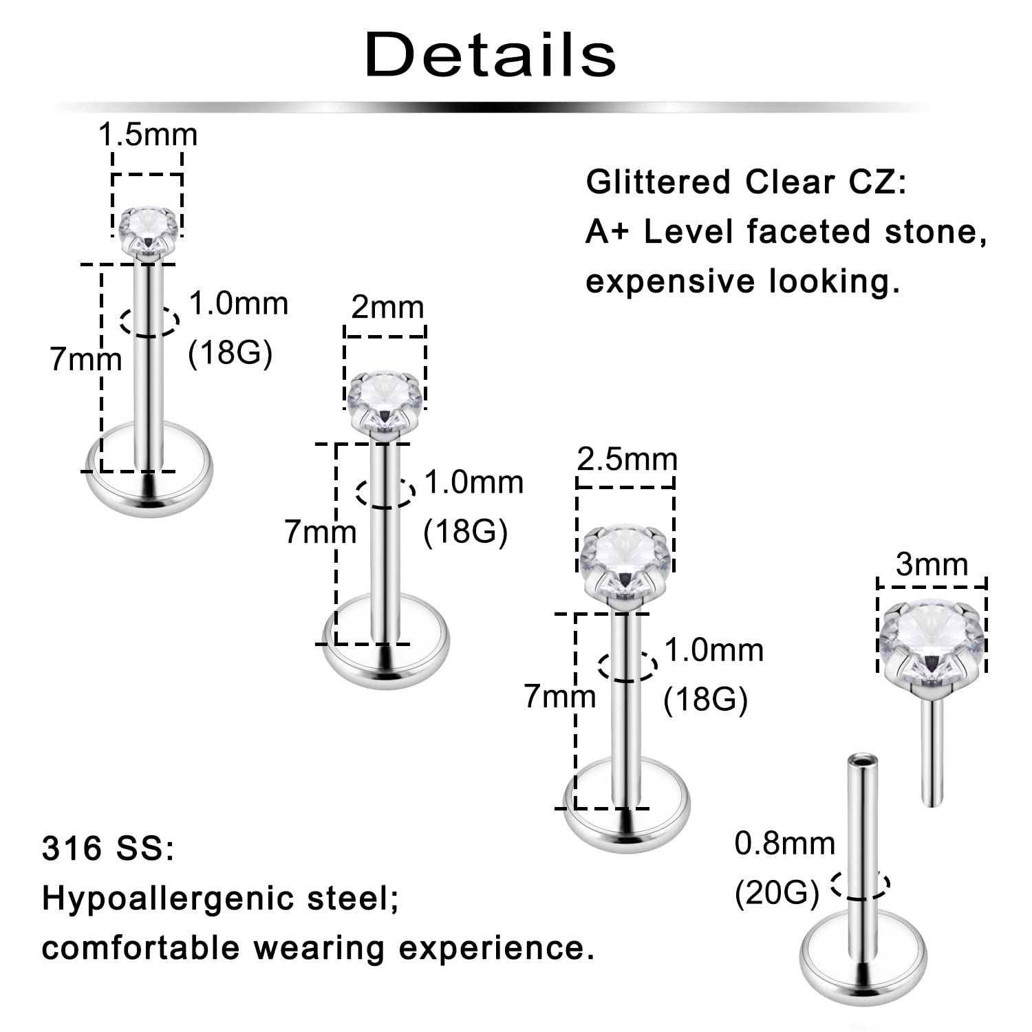 Ftovosyo 18G Threadless Push in Nose Rings Studs Surgical Steel Pushin Nose Stud 1.5mm 2mm 2.5mm 3mm Round Crystal Nose Piercing Jewelry for Women Men