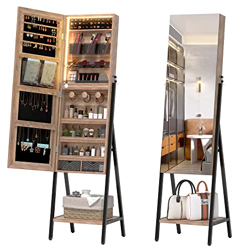 LVSOMT 3 LEDs Full Length Mirror Jewelry Cabinet, Standing Mirror with Jewelry Storage, Large Lockable Armoire for Necklaces, Earrings, Cosmetic Storage, Brown