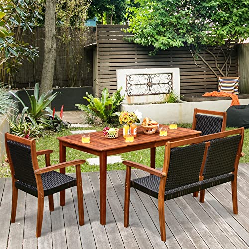 Tangkula 4 Pieces Patio Dining Set for 4, Patiojoy Space-Saving Outdoor Acacia Wood Dining Table and PE Rattan Chairs Set with 1.9β Umbrella Hole, for Garden, Backyard, Deck, Poolside, Balcony