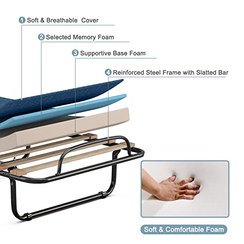 KOMFOTT Rollaway Bed with 4” Mattress, Folding Bed with Memory Foam Mattress for Adults, Portable Guest Bed with Sturdy Steel Frame, Made in Italy