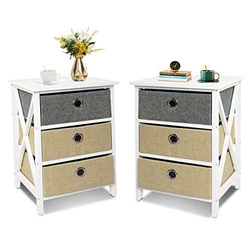 Nightstands Set of 2, with 3 Drawers, Wood Nightstand, Contrasting Colors Fabric Drawers, Easy Assembly Bedside Tables for Bedroom, College Dorm, Sturdy WhiteWood Frame, Wood Top, Easy Pull Handle.
