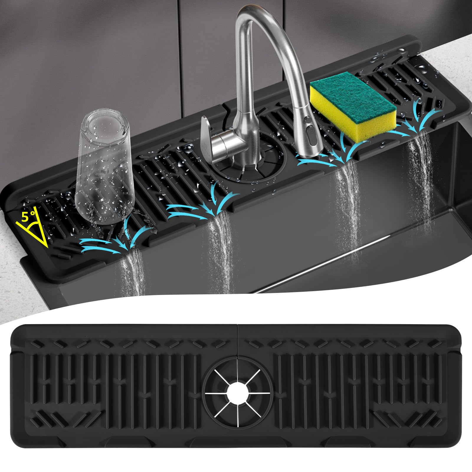 KEEGOP Kitchen Sink Splash Guard,Silicone Draining Mat for Kitchen Sink Protectors for Kitchen Must Haves, 5° Slope 4 Spouts & 90° Foldable Design for Easier Draining(Black 23.6"x 6.3")