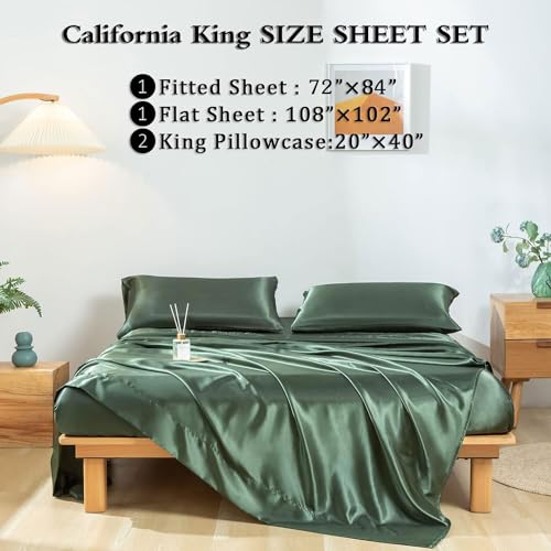 Revdomfly 4 Pcs Luxury Silky Soft Olive Green Satin Sheet Set,1 Premium Moisture Wicking Fitted Sheet Fits Up to 16 Inches Deep Pocket + 1 Flat Sheet + 2 Pillowcases(Olive Green, California King)