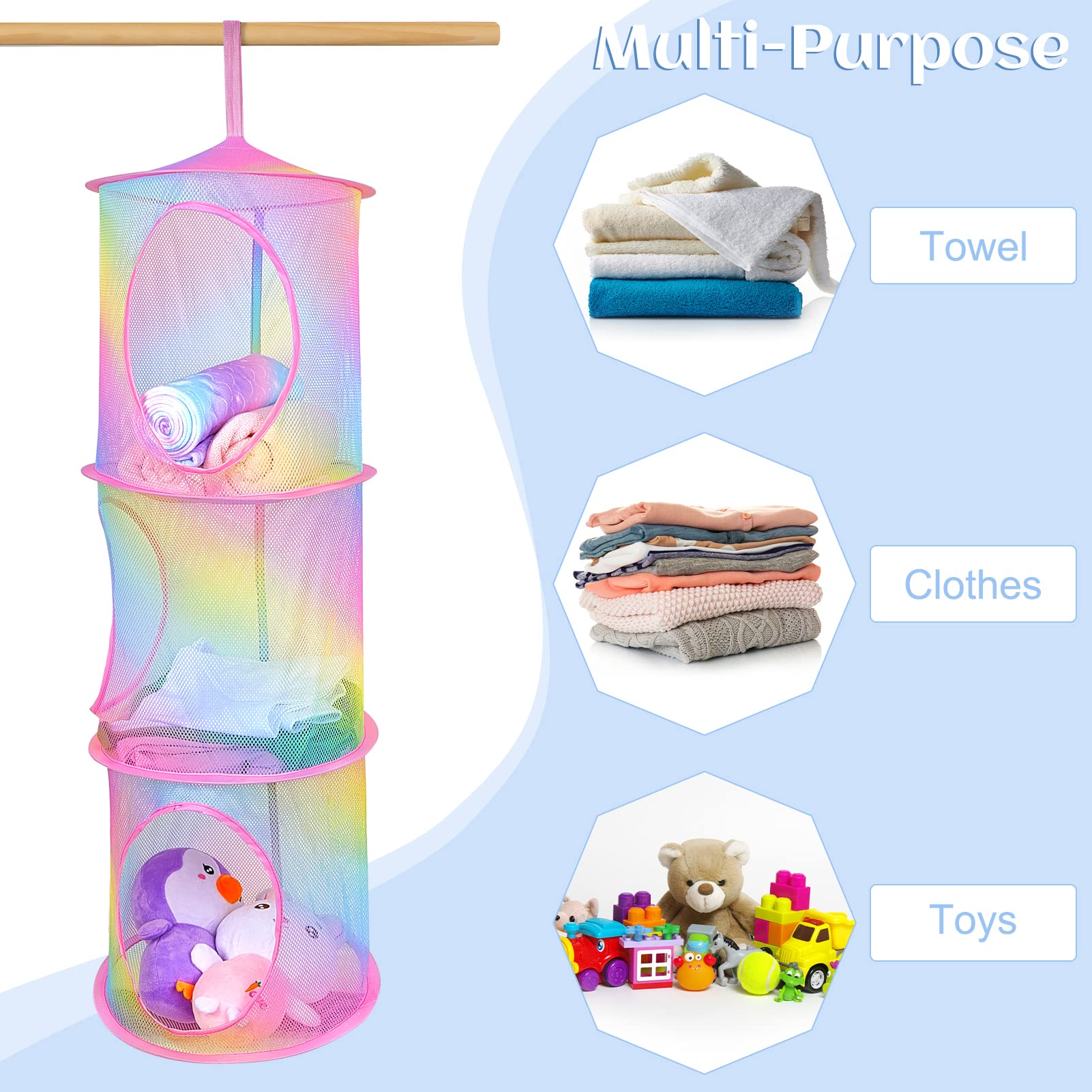 FIOBEE Stuffed Animals Hammock Net Toy Storage 2 Pack Hanging Stuffed Animals Organizer Holder Mesh Toy Organizer with 3 Compartments for Girls Room Closet Kids Playroom
