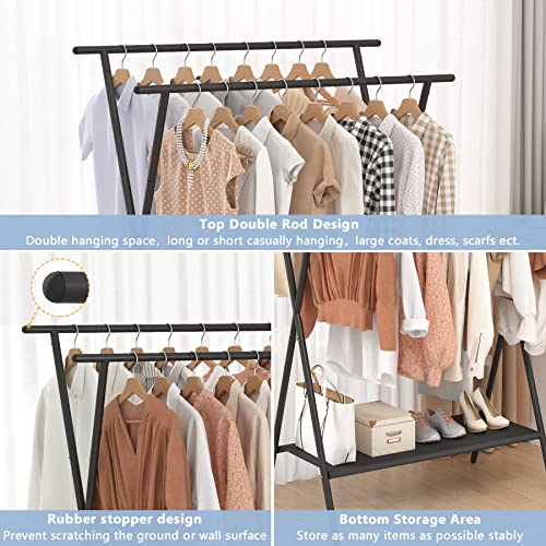 Laiensia Double Rods Clothing Racks for Hanging Clothes,Portable Clothing Hanging Garment Rack with Bottom Oxford Cloth Shelves,Black