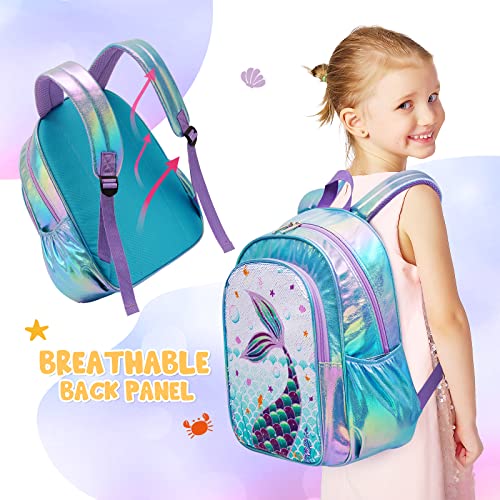WAWSAM Glitter Mermaid Backpack Set - Sparkly School Backpack with Lunch Box for Girls Preschool Kindergarten Elementary 15β Blue Hiking Travel Book Bag Schoolbag Insulated Lunch Bag