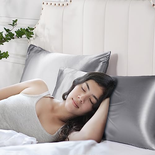 LXMGED Satin Silk Pillowcases for Skin and Hair,Set of 2 Satin Pillow Cases for Women with Envelope Closure,Soft Breathable Smooth Cooling Silk Pillow Covers for Gifts,Silver Grey,Standard (20" x 26")
