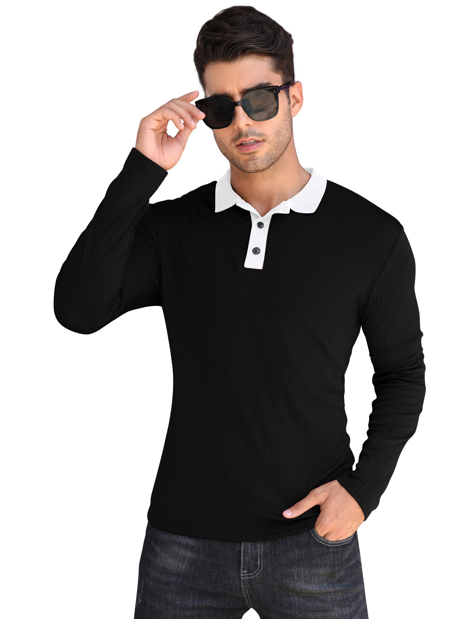 EliteSpirit Mens Long Sleeve Polo Shirts Casual Polka Dot Collared Golf Shirt with Pockets Black XL