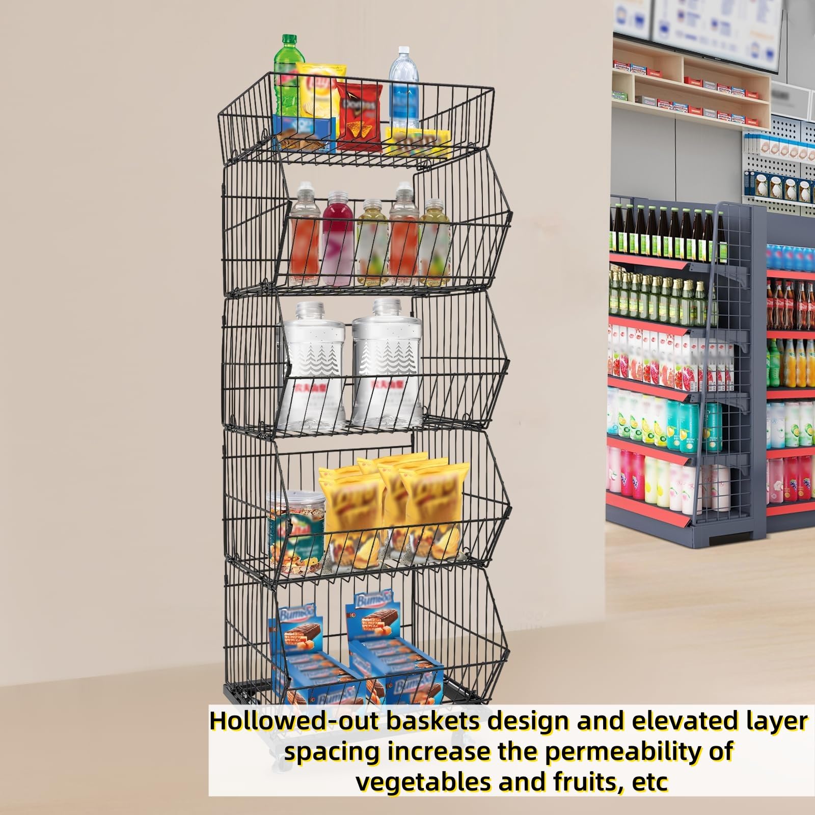 Lemoeyes 5-Shelf Shelving Unit, Wire Shelving with Wheels Market Retail Display Rack, 35.4" Wx17.7 Dx55 H Fruit Vegetable Snack Basket for Kitchen Garage Pantry, 44lbs Capacity Per Tier