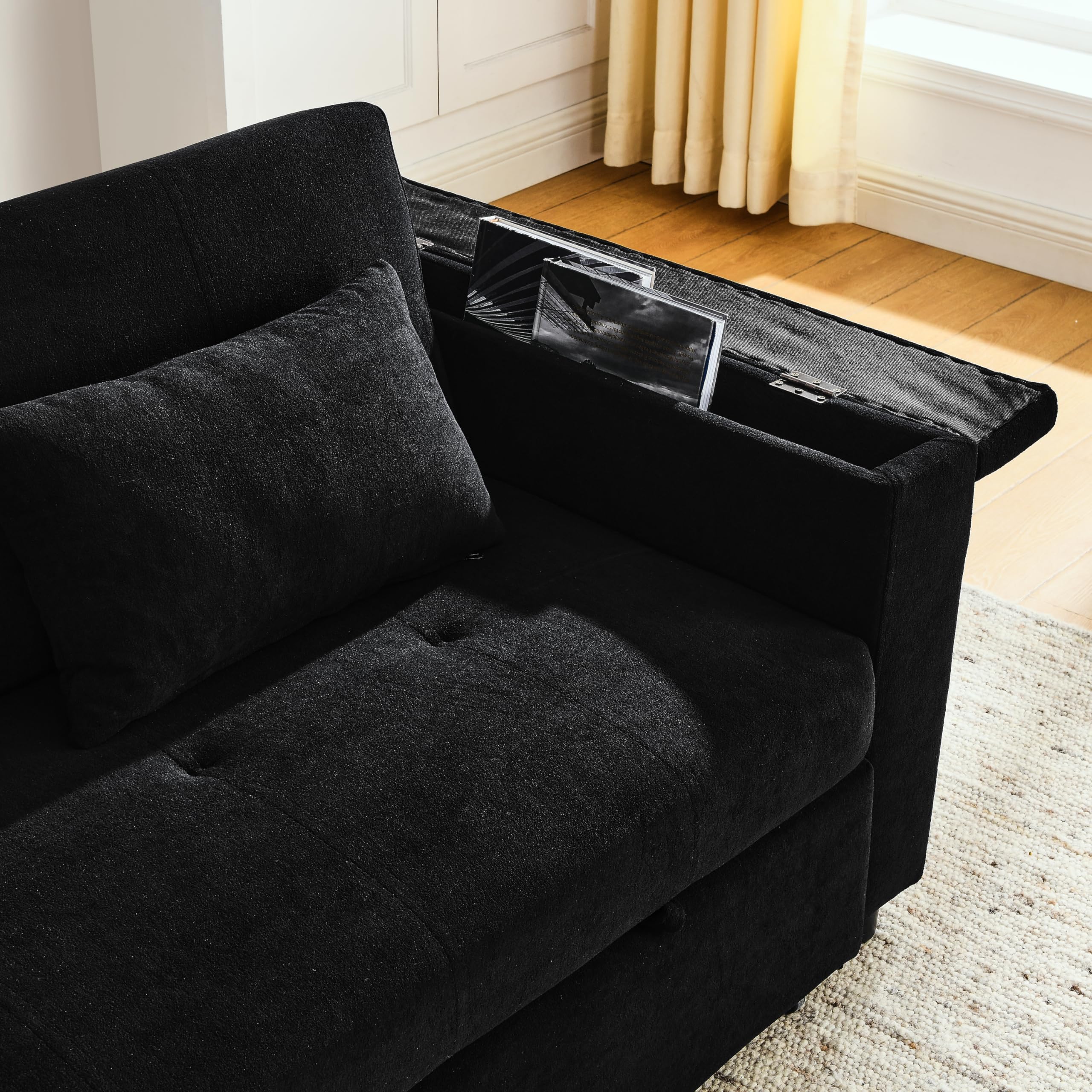 Linique 54'' Convertible Pull-Out Sleeper Sofa Bed with USB Power Outlet, Chenille Upholstered Sleeper Sofabed with Adjustable Backrest/Side Pockets/Cup Holders/Lumbar Pillows (Black)