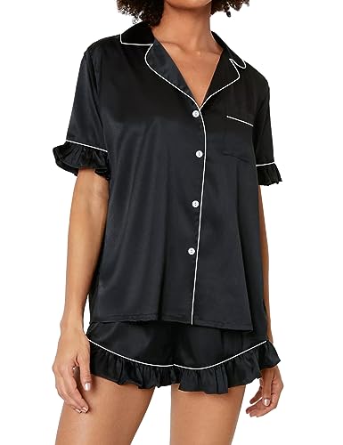 SWOMOG Women Silk Satin Pajama-Sets Short Sleeve Sleepwear Summer Loungewear 2 Pcs Nightwear Ruffle Hem Pyjamas Black