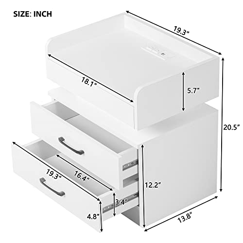 LED Nightstand with Charging Station, White Night Stands with USB Charging Ports and LED Lights, Modern Wooden Bedside Table with 2 Drawers, Small End Side Table with Drawers for Bedroom, Living Room