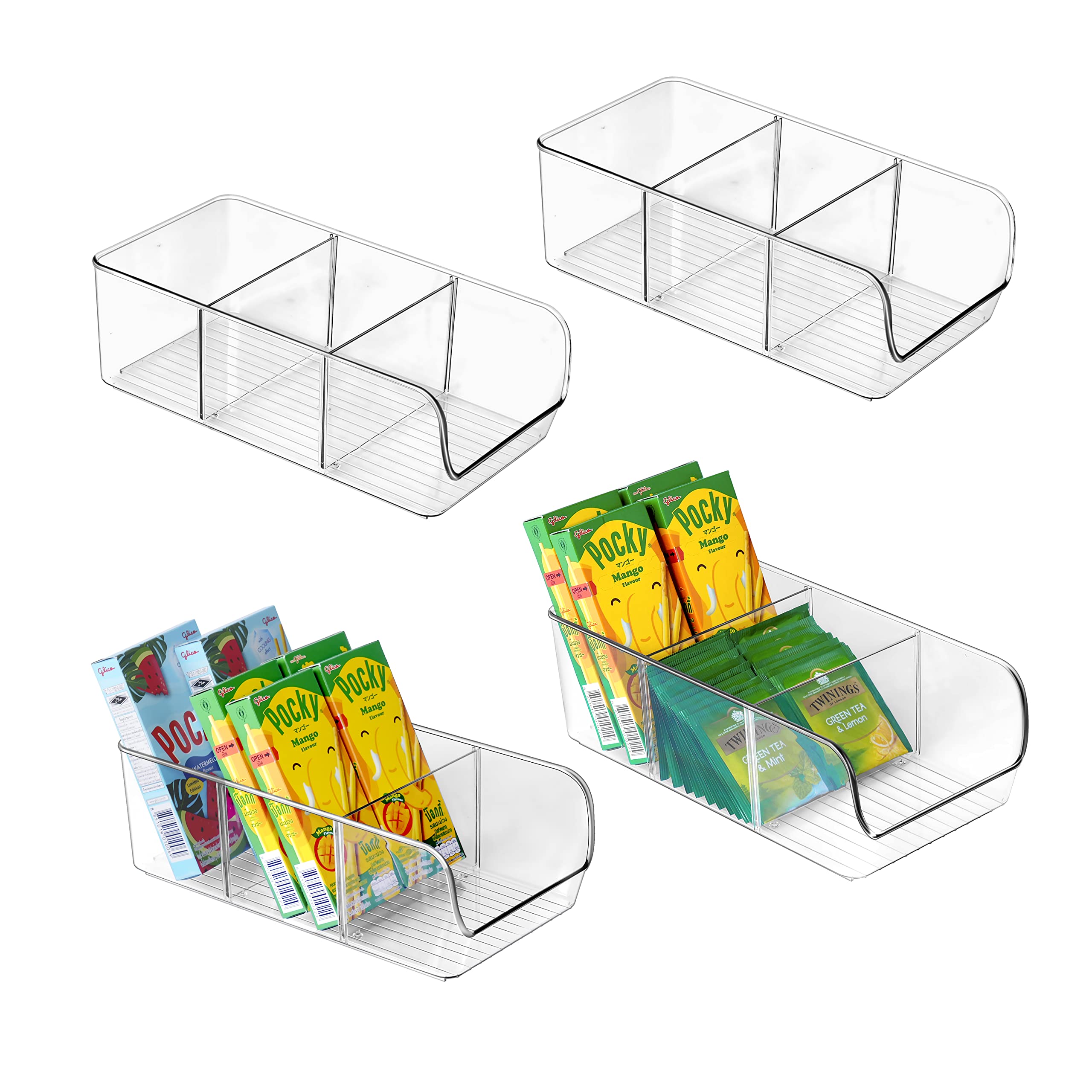 GESTONE 4 Pack Pantry Snack Organizer, Pantry Organization and Storage, Pantry Organizer Bins for Snacks, Pouches, Packets, Stackable Snack Organizers for Fridge, Kitchen, Cabinets, Table, Bedroom