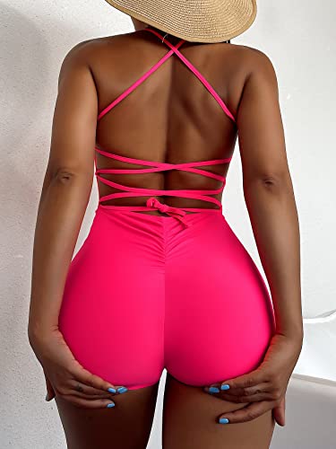 WDIRARA Women's Criss Cross Backless Ruched One Piece Swimsuit Monokini Swimwear Watermelon Pink M