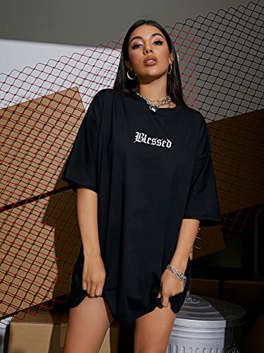 WDIRARA Women's Graphic Short Sleeve Drop Shoulder Oversized Tee Round Neck T Shirts Letter Print Black M