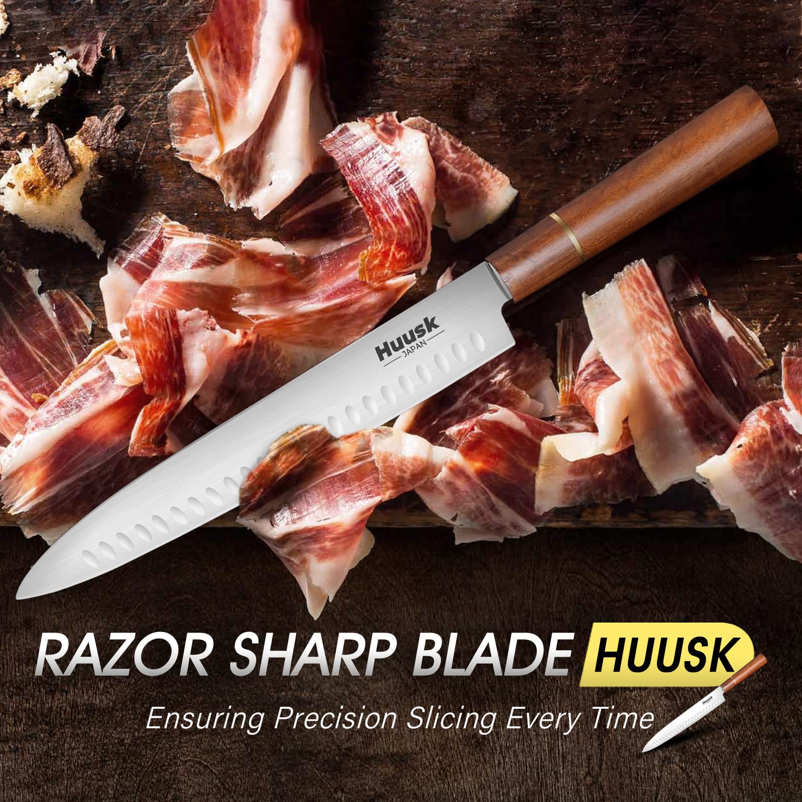 Huusk Janpan Knife 7 Inch Brisket Trimming Boning Knife and 11" Meat Slicing Knife Bundle for Smoked BBQ