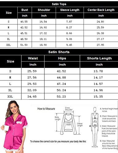 SWOMOG Women's Silk Lace Pajama Sets Satin Button Down Pjs Lace Shorts 2 Pcs Sleepwear Bridal Party Lounge Set with Pockets Red Rose