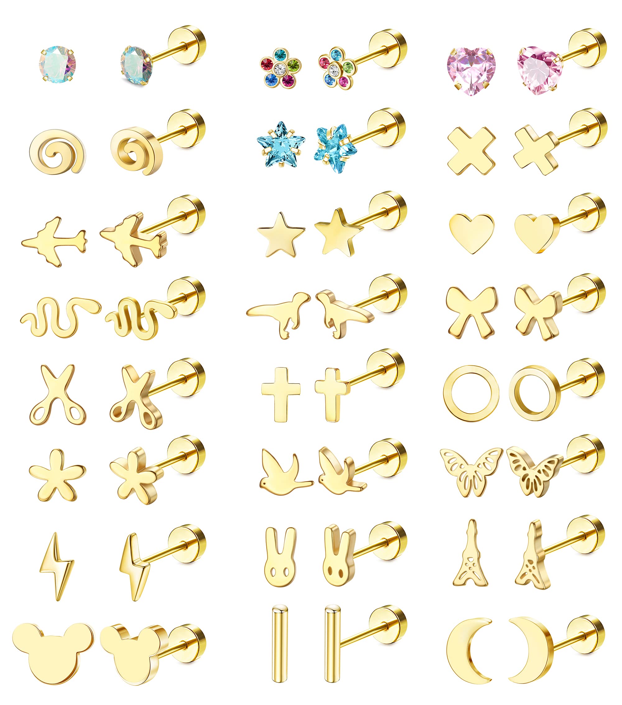 Drperfect 24 Pairs Stainless Steel Stud Earrings Set for Women Men Heart Butterfly Cat Flower Bar Cross Star Moon Snake 20G Cartilage Earrings Hypoallergenic Flatback Earrings Piercing Jewelry