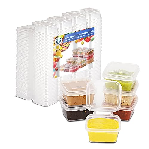 RIKICACA 2 oz Plastic Containers with Lids (200pack), Disposable Condiment Containers with Lids, Portion Cups with Lids, Condiment Cups, Jello Shot Cups, Souffle Cups, (Square)