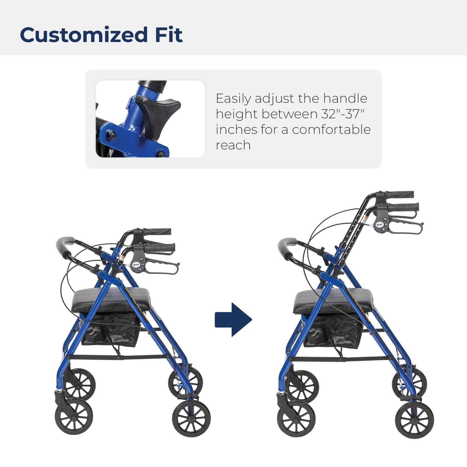 Drive Medical Aluminum Rollator Walker Fold Up and Removable Back Support, Padded Seat, 6" Wheels, Blue,R726BL