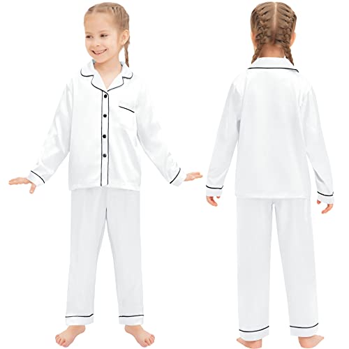 SWOMOG Womens Silk Satin Pajamas Set Two-piece Pj Sets Sleepwear Soft Loungewear Button-Down Pj Sets White