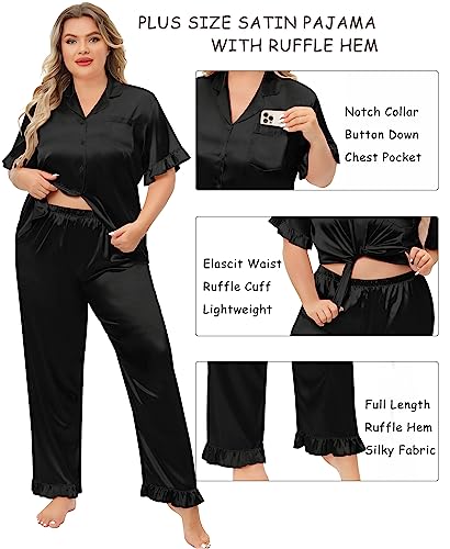SWOMOG Womens Satin Plus Size Pajamas Silk Short Sleeve Pjs Sets Button Up Pajama with Ruffle Soft Loungewear Wedding PJs Black