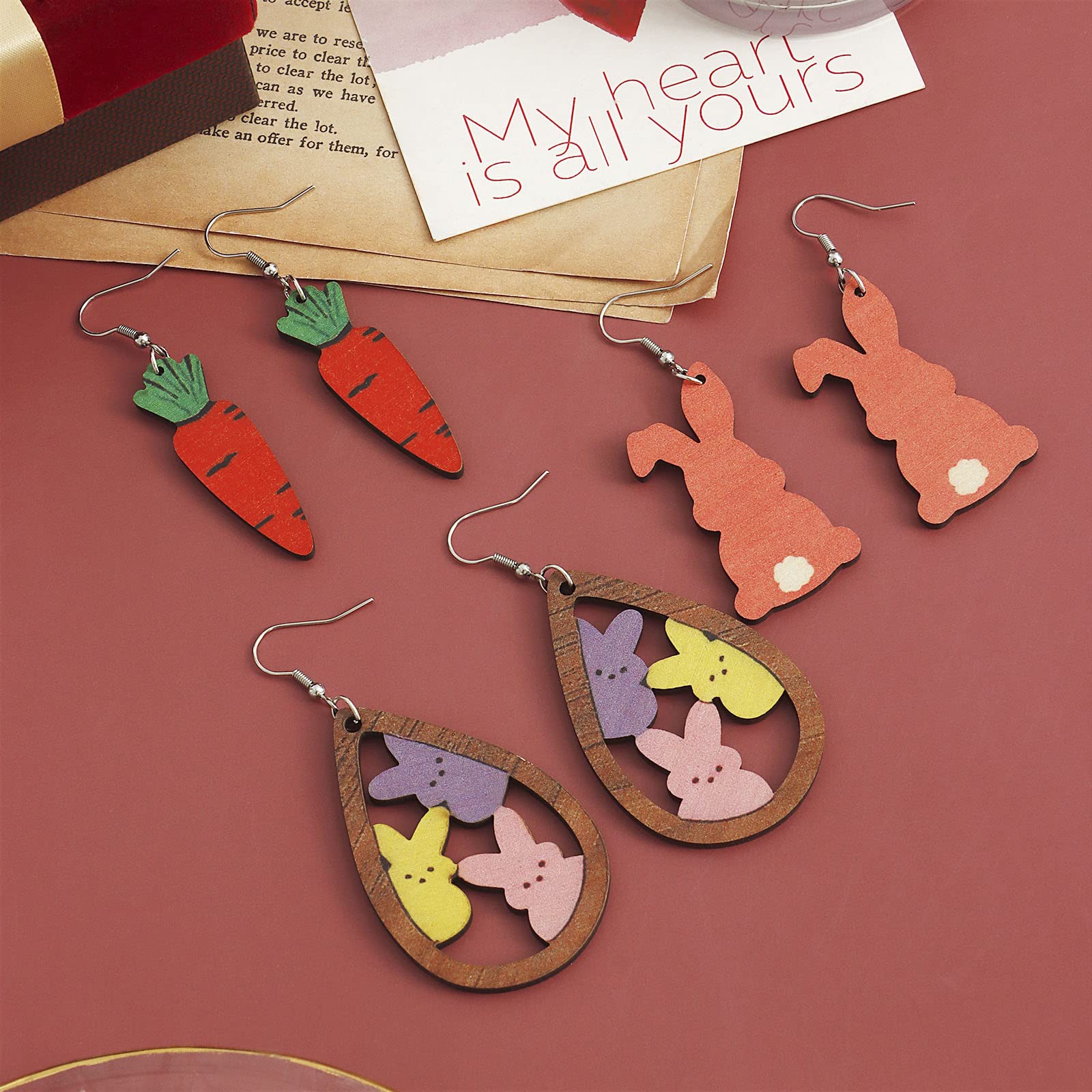 Easter Earrings for Women Easter Bunny Earrings Wooden Earrings Easter Eggs Duck Carrot Earrings Holiday Earrings Bulk Easter Gifts Easter Decorations 6 Pairs
