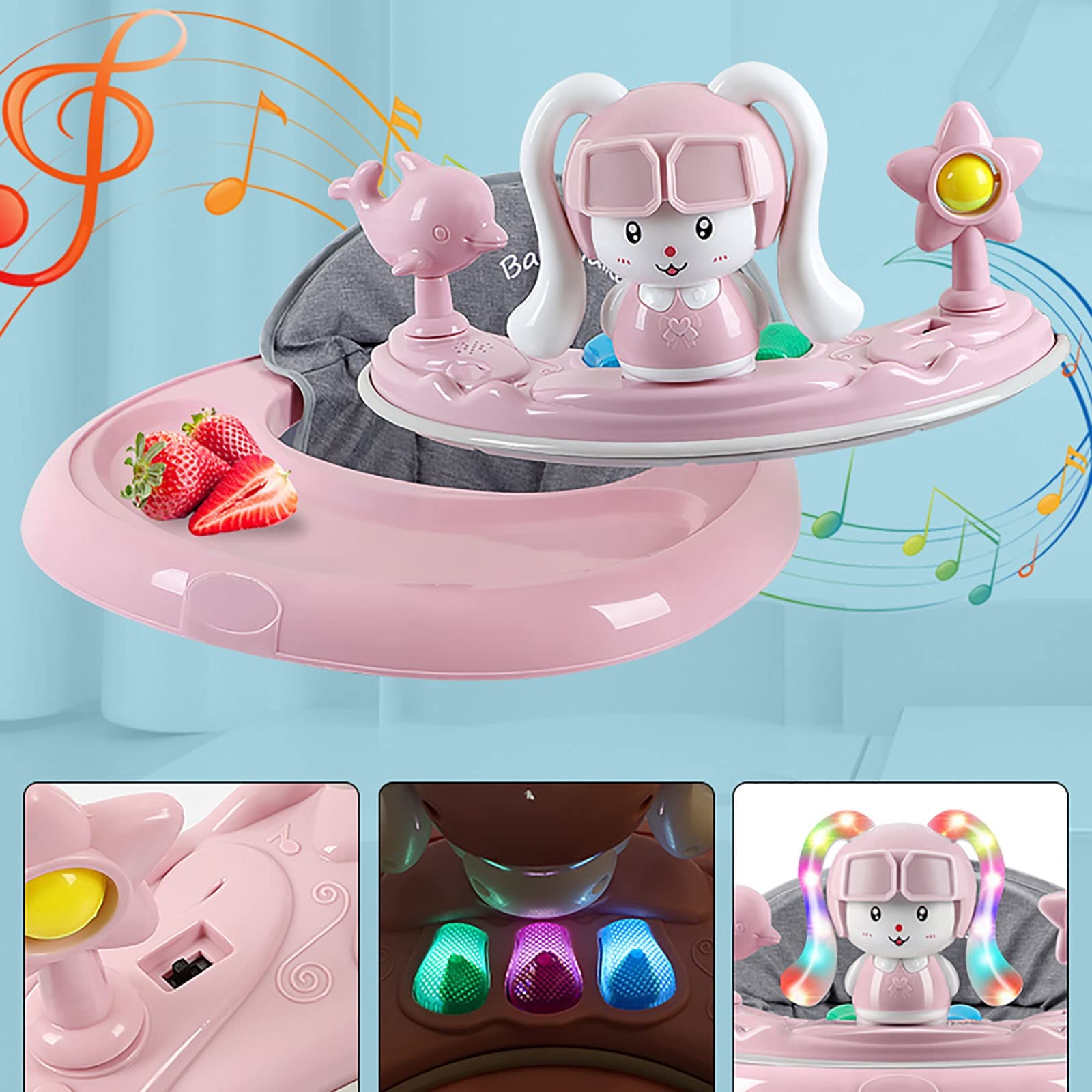 Foldable Baby Walker with Music Light, 6 Mute Universal Wheels Height Adjustable Walker, Anti-O Leg Folding Walker, Suitable for Girls Boys 6-18 Months (Color : Pink)