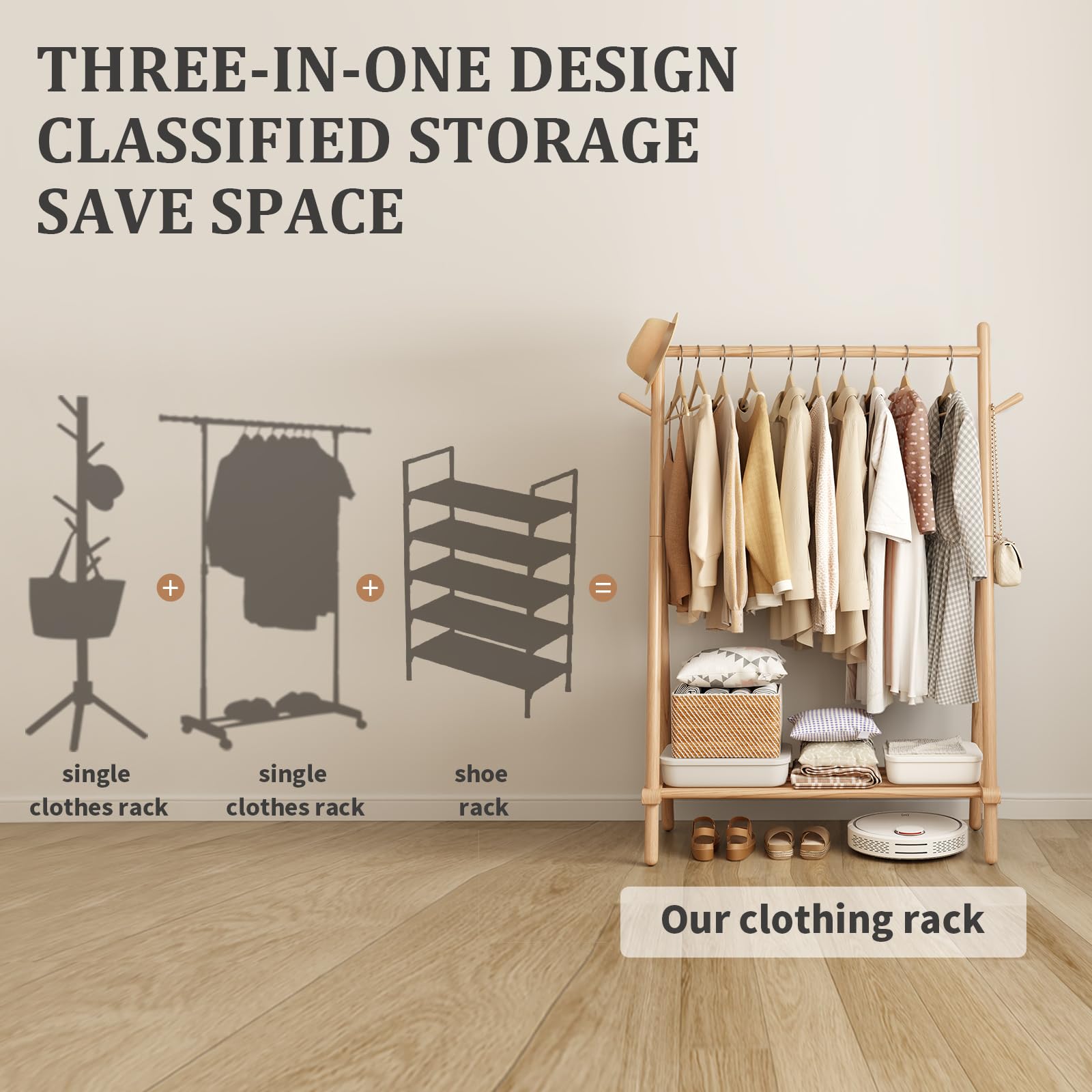 KASLANDI Solid Wood Clothes Rack, Clothing Rack with Shelf and Hook, Sturdy and Portable, Garment Rack for Hanging Clothes,Coats,Skirts,Shoes,Bags,Easy to Assemble (Natural)