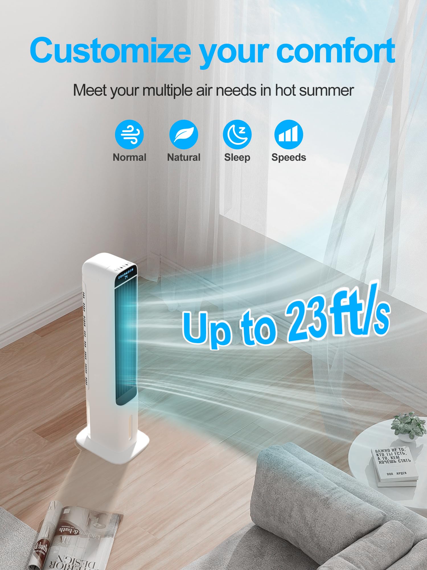 KEGIAN Cooling Fan That Blow Cold Air, Portable Evaporative Air Cooler, Swamp Cooler with 80°Oscillation, 3 Modes, 12H Timer, Remote, Bladeless Tower Fan for Home, Office, and Bedroom (41'')
