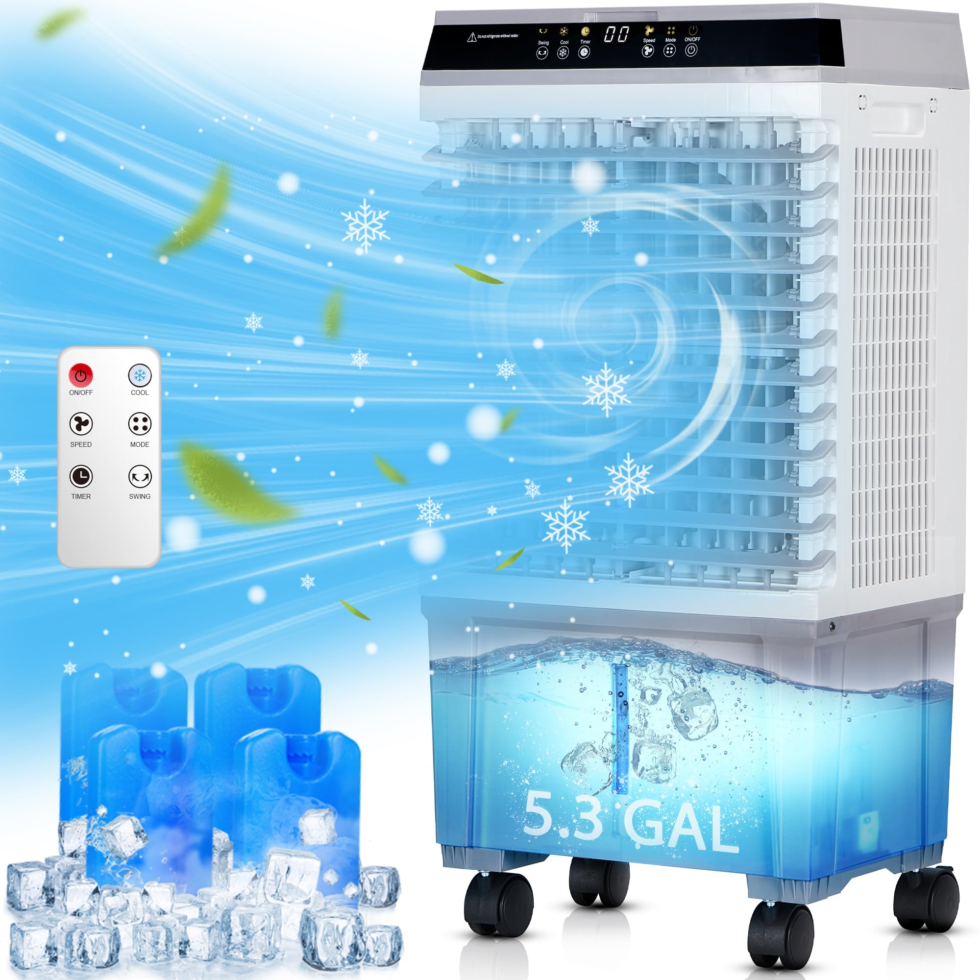 KEGIAN Evaporative Air Cooler, Swamp Cooler with 5.3 Gallon Water Tank, Remote Control, 12H Timer, 3 Modes & Speeds, 110° Oscillation, Portable 3-IN-1 Cooling Fan for Bedroom Home Office (Grey)