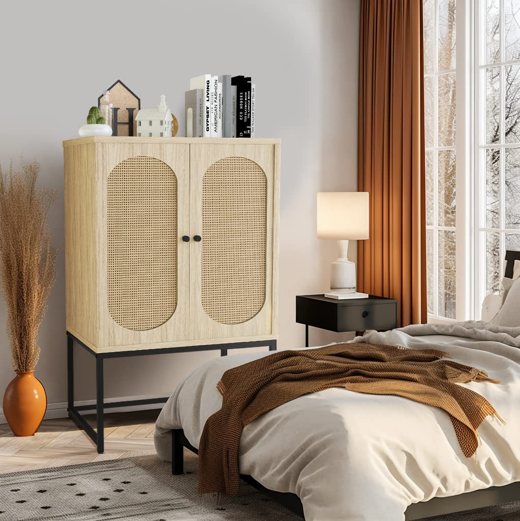 Lamerge Rattan Cabinet,2 Door Sideboard Buffet Cupboard Accent High Cabinet with Natural Rattan,Free Standing Bookmatch,Adjustable Shelves,Easy Assembly,Rustic Oak Beige (LRC-ob)